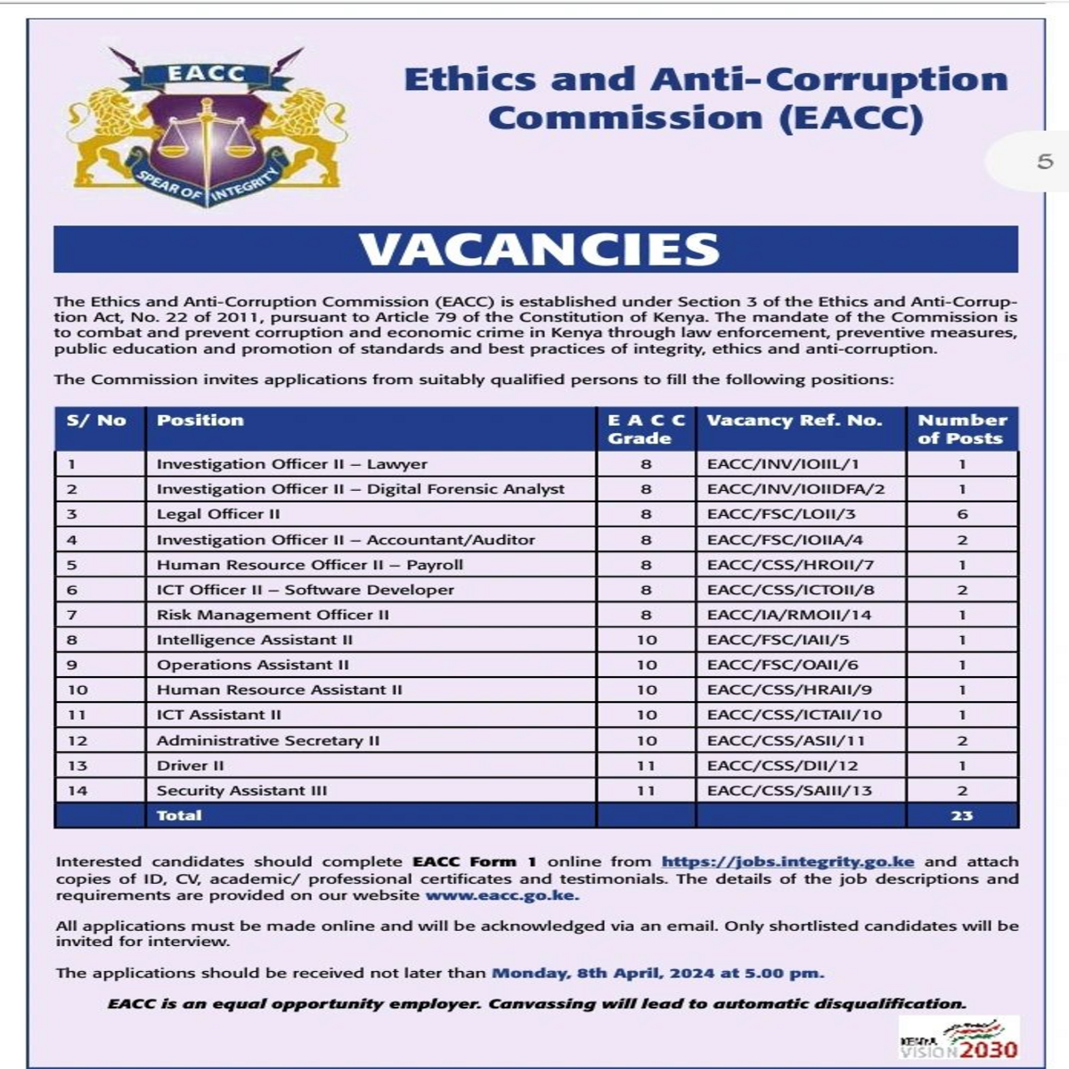23 Vacancies - Ethics And Anti-Corruption Commission (EACC)